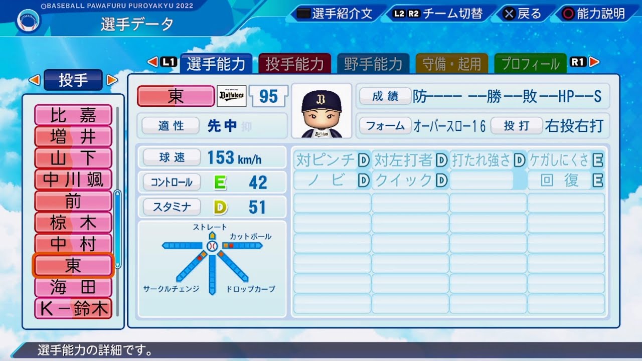 【パワプロ2022選手能力 / NPB Players Data】オリックス 95 東晃平選手 OrixBuffaloes Kohei Azuma - WACOCA BASEBALL