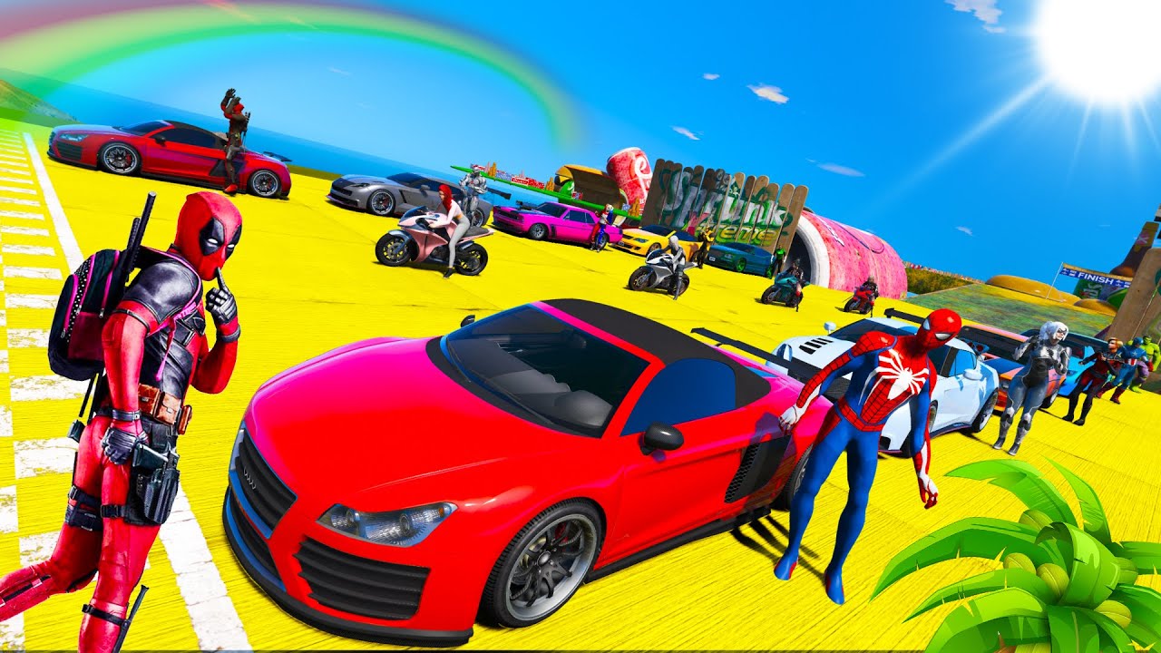 Spiderman Race Eight Burger Cola Сhallenge ramps GTA V Moto Cars heroes ...