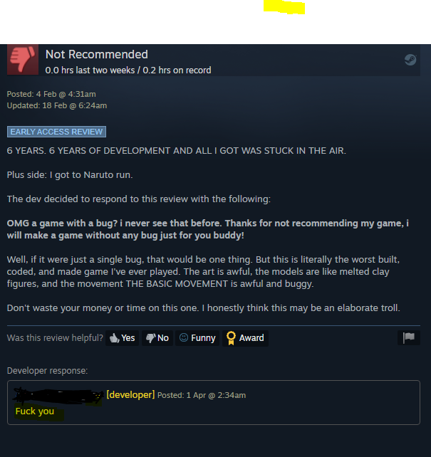 Angry Devは批判が好きではなく、他のレビューにも、ゲームは優れていて「プレイ可能」であると答えています。 - WACOCA GAMES