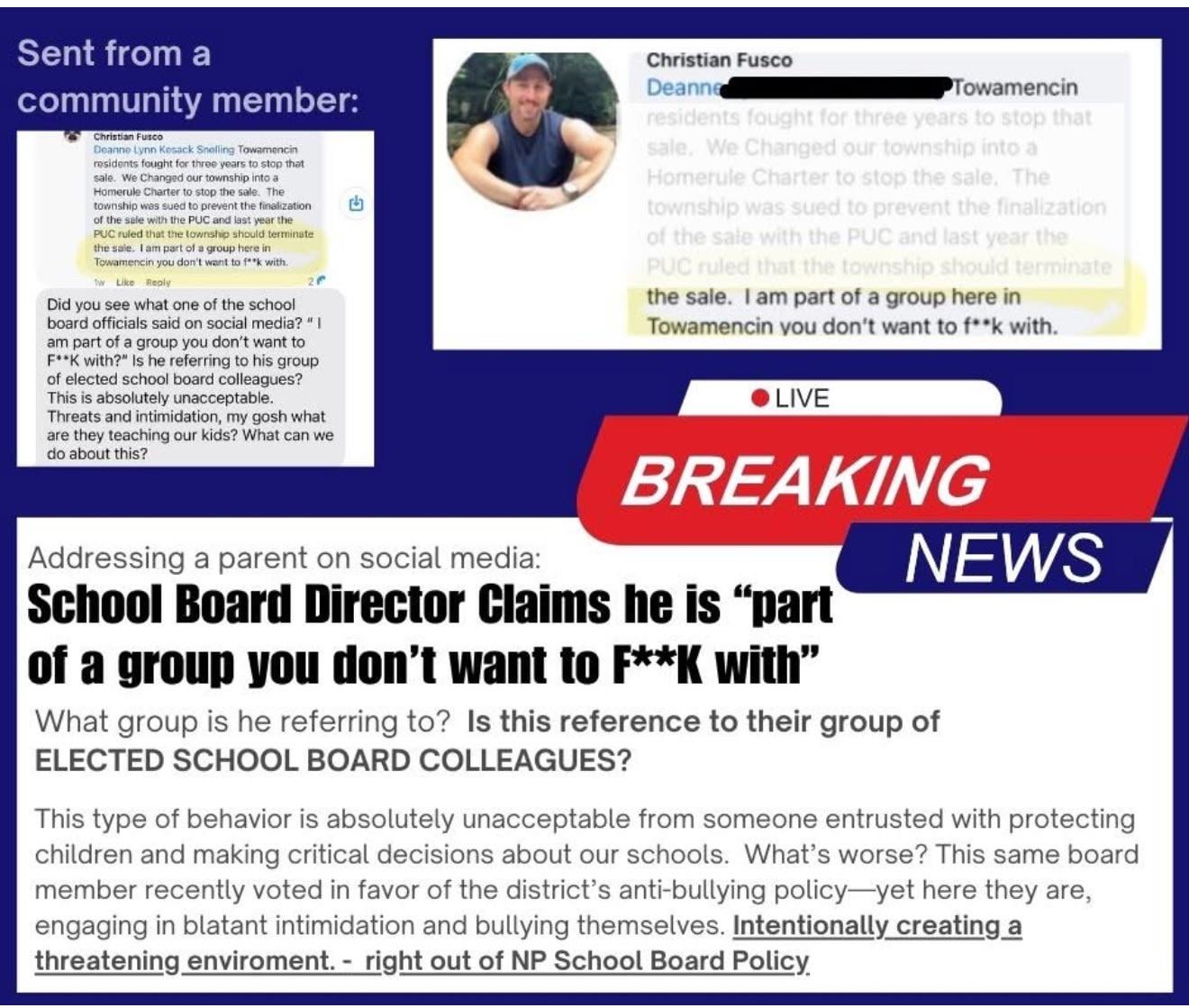 Towamencin North Penn School Board Director, Christian Fusco, threatens ...